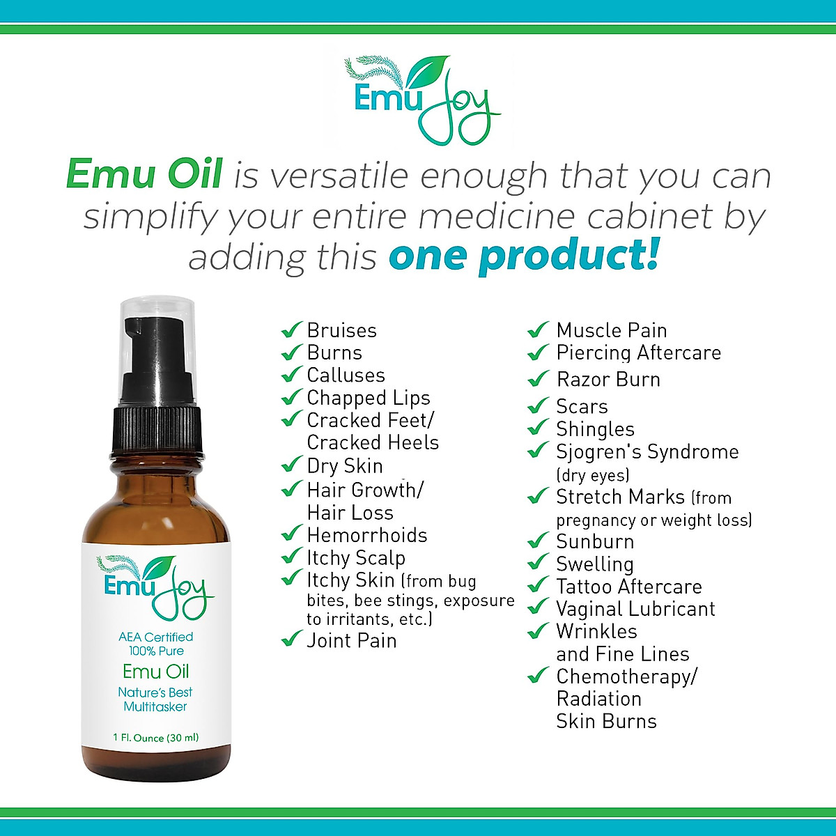 Emu Joy Emu Oil Organic - 100% Pure, Made in the USA - Emu Oil for Skin, Face, Hair, and Nails, Piercing Bump Oil & Tattoo Aftercare