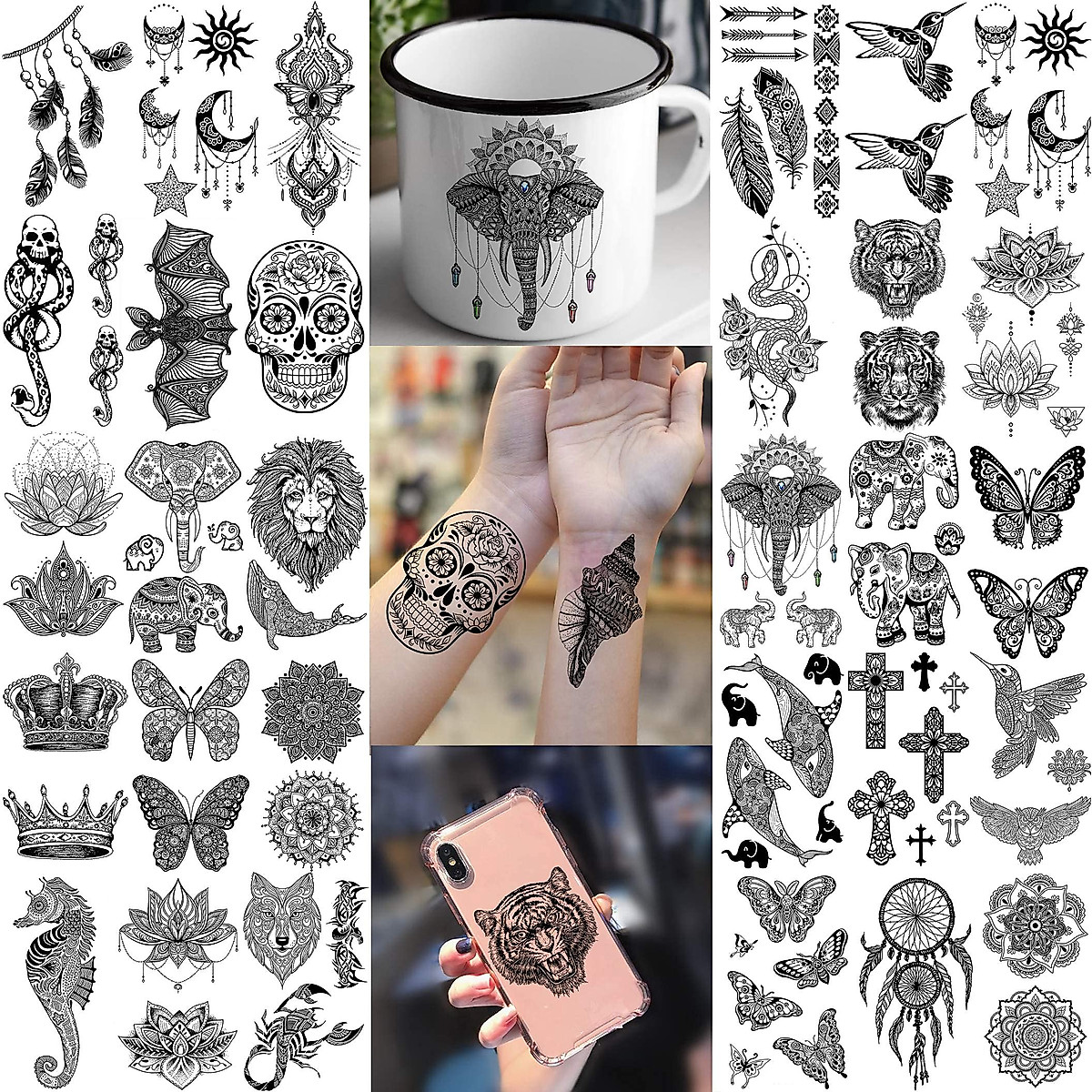 Shegazzi 58 Sheets Black Lace Temporary Tattoos For Women Girls, Large Lotus Mandala Flower Snake Elephant Butterfly Fake Adults Kit, Indian Tribal Skull Arm Sleeve Neck Tatoos Wedding