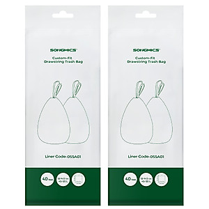 SONGMICS Trash Bags for 12-14.5 Gallon (45-55L) Trash Cans,80 Count Drawstring Kitchen Garbage Bags, Pre-Separated, Liner Code 055A01, 2 Rolls,White UKRB055A02