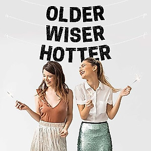 Pre-Strung Older Wiser Hotter Banner - NO DIY - Black Glitter Happy Birthday Party Banner - Pre-Strung Garland on 8 ft Strands. Black Birthday Party Decorations For Men & Women. Did we mention no DIY?