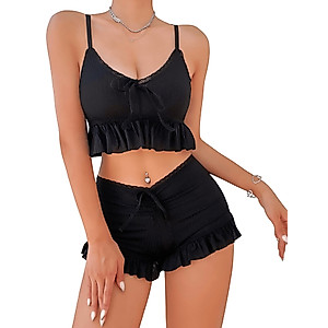 SweatyRocks Women's 2 Piece Lingerie Set Ruffle Trim Tie Front Cami Top and Shorts Sleepwear Black L