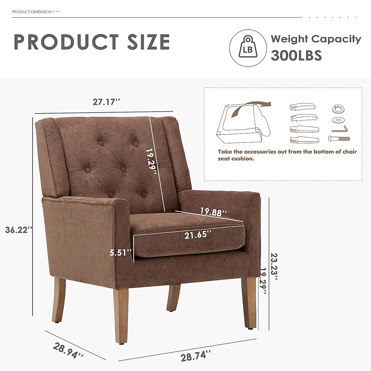 COLAMY Mid-Century Accent Chairs, Modern Wingback Living Room Chair, Upholstered Armchair with Button Tufted Back and Wood Legs for Bedroom/Reading Spaces/Office, Brown