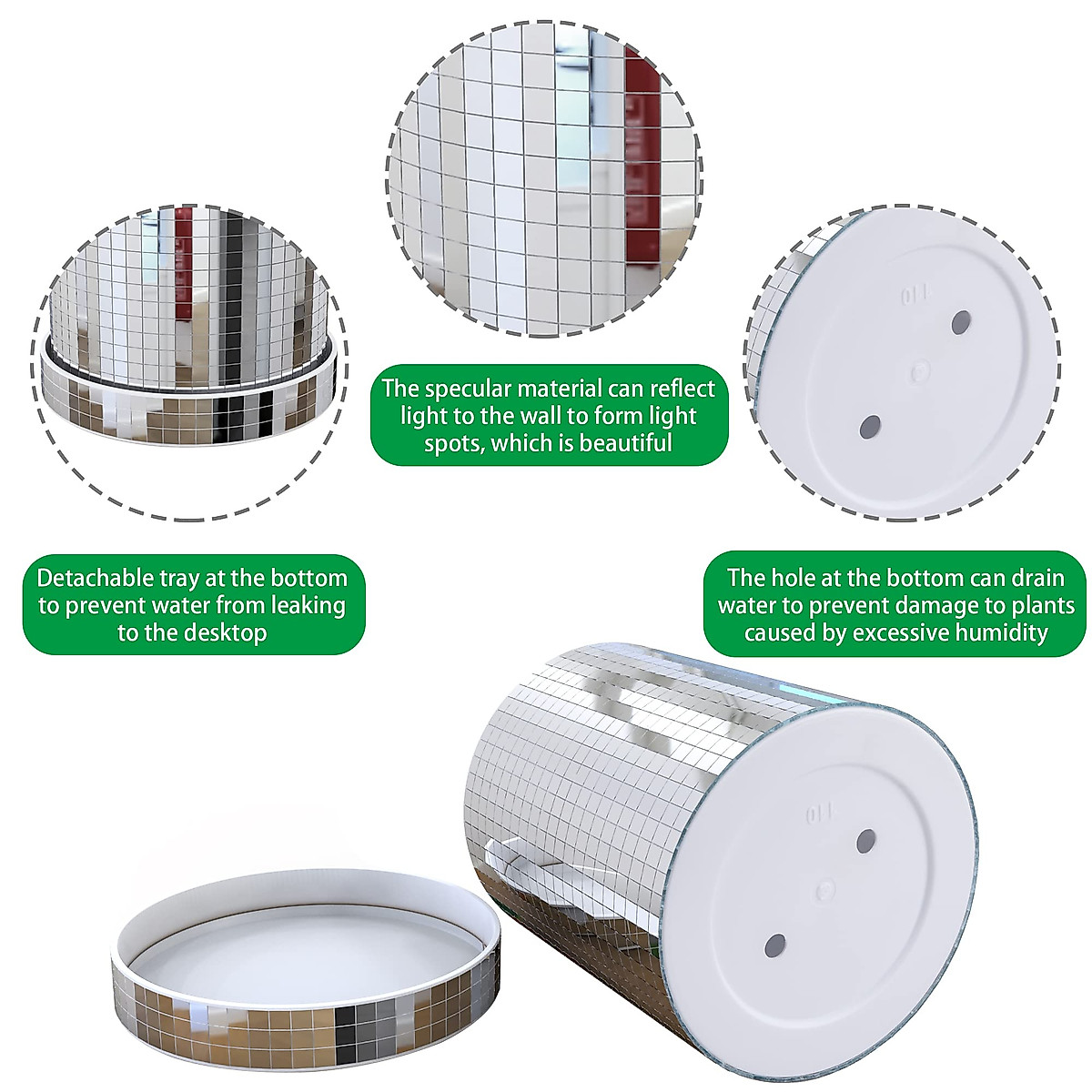 Adnee Modern Disco Cylindrical Plastic Planter Pot, Silver, 4.5 x 4.8 inch, Indoor Outdoor, Drainage Hole and Saucer