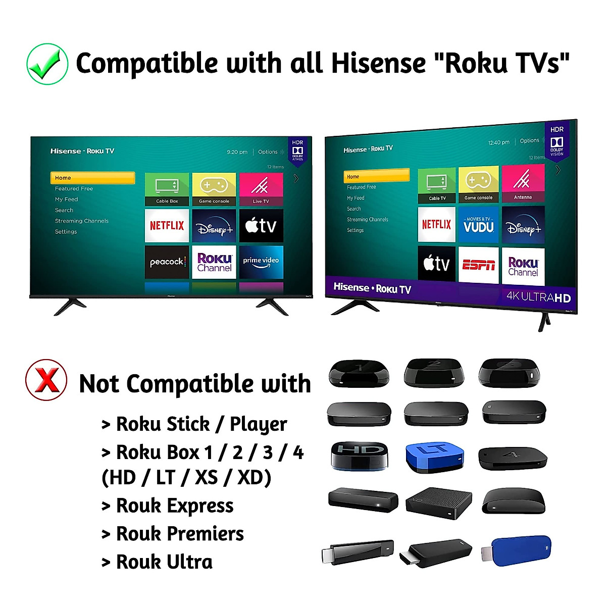 2 Pack - OEM Replacement Remote Control fit for All Hisense Roku TV Smart 4K Ultra HDTV 【Only Works with Hisense Roku TV, Not for Roku Stick and Roku Box】 (Netflix/Disney Plus/Apple TV+ / Hulu)