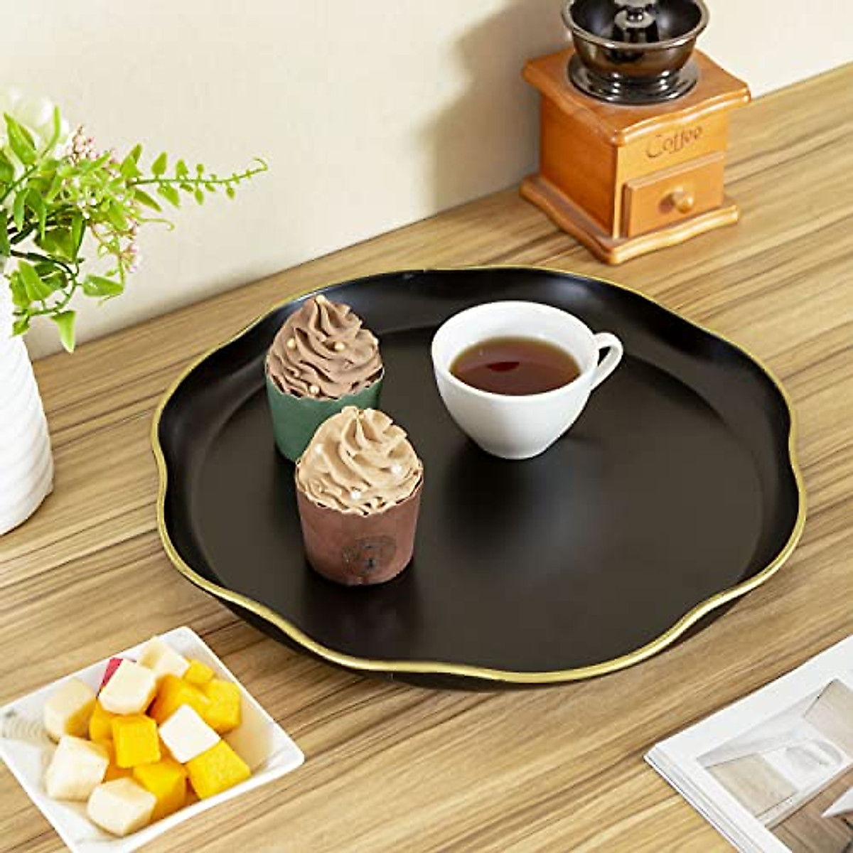 MyGift Modern Art Deco Matte Black Metal & Brass Tone Rim Serving Platter w/Scalloped Edges - 12-Inch Round Vanity Tray Display - Handcrafted in India