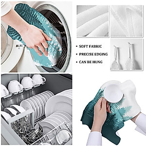 Edwiinsa Teal Ombre Kitchen Dish Towels and Dishcloths Sets 18 x 28 Inches Absorbent Hand Towels Dish Rags with Hanging Loop for Home Cleaning Gradual Forest Ink Painting Abstract Art