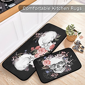 CaTaKu Halloween Skull Kitchen Rugs Sets of 2 Non Slip Kitchen Mat Floral Skull Polyester Area Rugs Set Floor Mats Washable Carpet Mat Comfort Standing Mat for Kitchen Laundry Sink Office