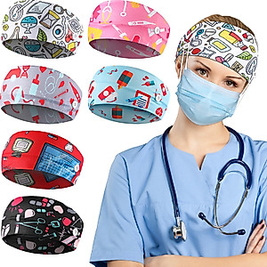 6 Pieces Button Headbands Non Slip Nurse Headbands Stretchy Headwraps Nonslip Yoga Sweatbands with Ear Protection Holder Elastic Headscarves for Yoga, Running, and Exercise, 6 Styles (Cute Pattern)