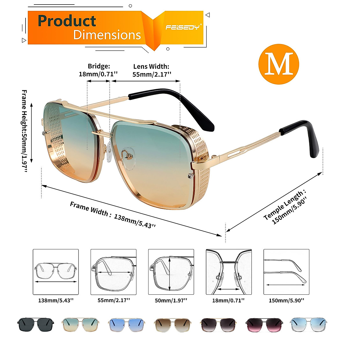 FEISEDY Sunglasses Mens Women Vintage Aviator Square Trendy Metal Steampunk Fishing Driving Sun Glasses B2894