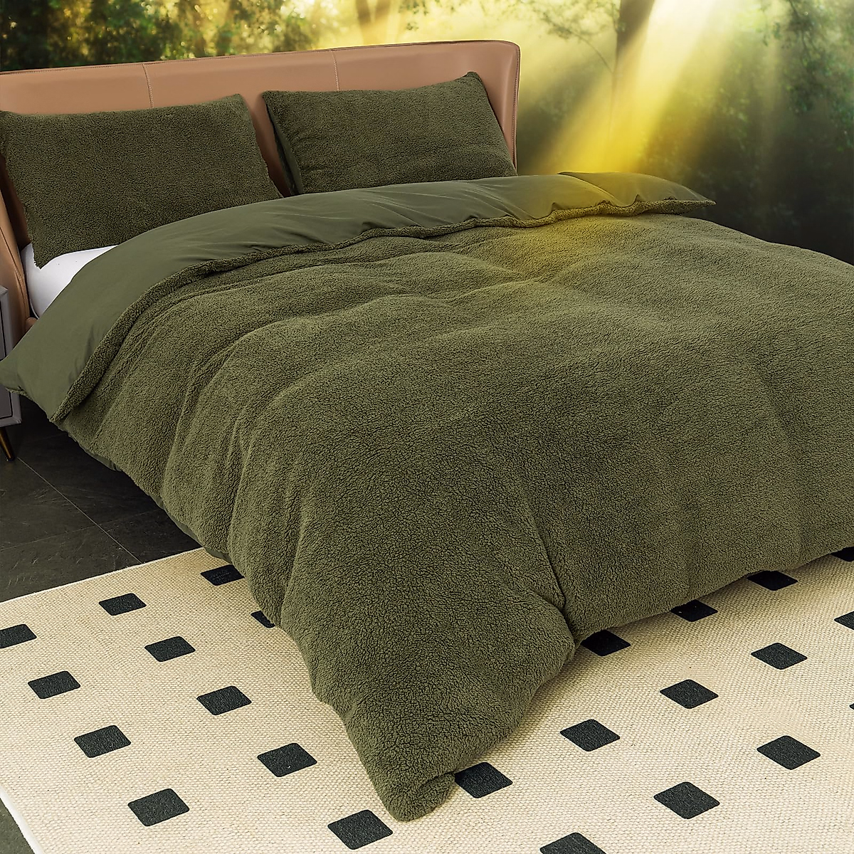 QUILTINA Shu Velveteen Warm Duvet Cover Set Queen Size with 2 Pillowcases, Coral Fleece Luxury Quilt Cover Anti-Static for Winter, Double Sided Velvet and Sanded Blanket, Army Green, 90" x 90"