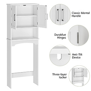 GarveeHome Over The Toilet Storage Cabinet, Double Door Bathroom Storage Organizer with Anti-Tip Device, Small Freestanding Space Saver with Open Shelf，White