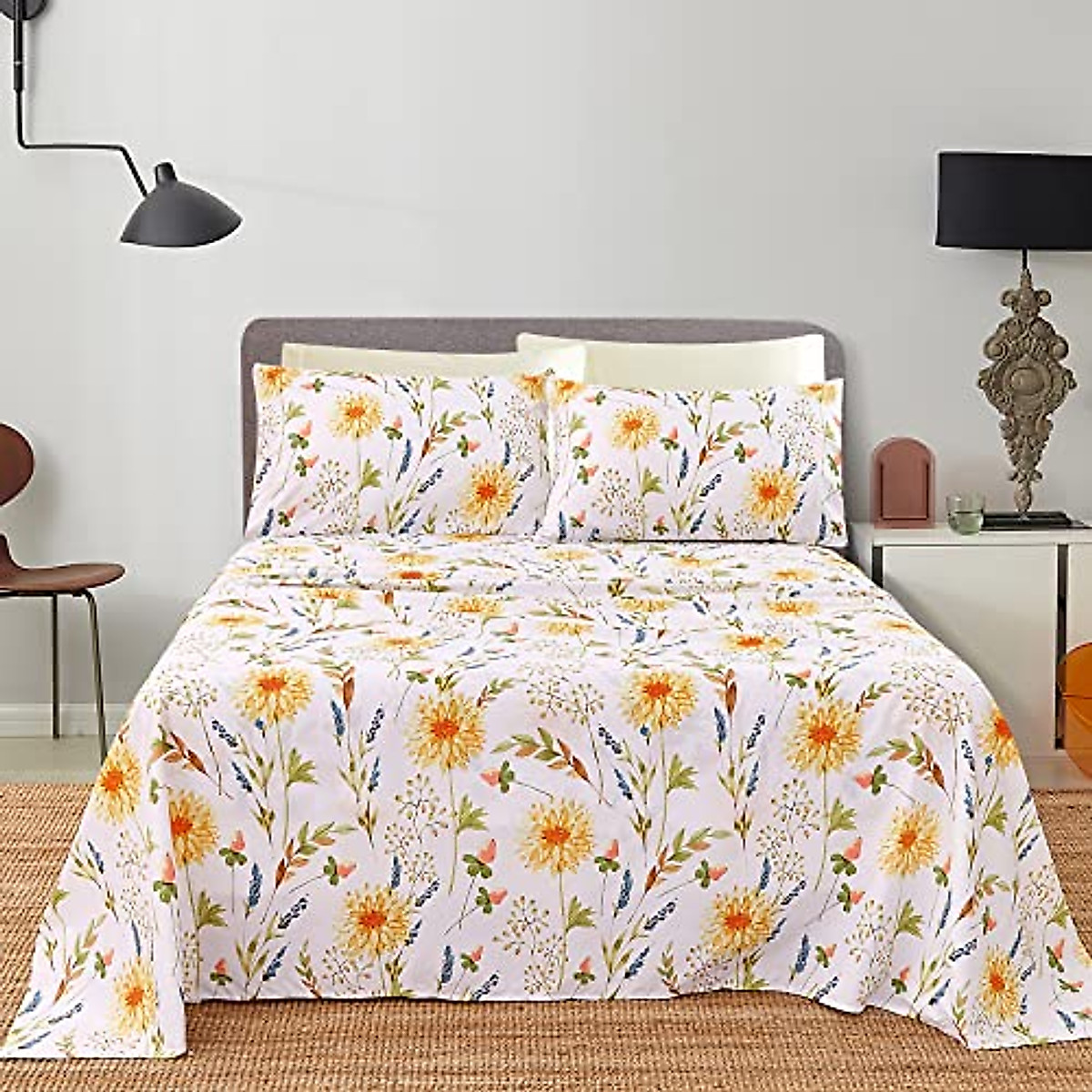 JSD 6 Piece Yellow Floral Print Sheet Set Queen Size, Soft Botanical Microfiber Sheets and Pillowcases Deep Pocket