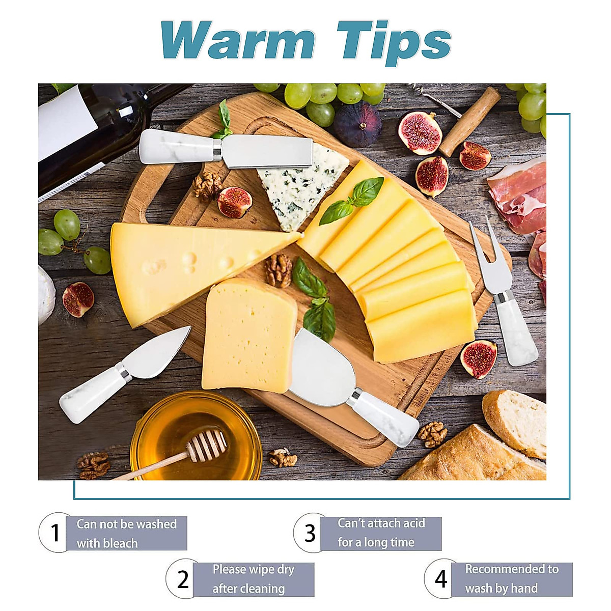 Funland 4PCs Cheese Knife Spreader Set with Marble Handle, Cute Cheese Knives Cutter Slicer for Marble Cheese Board, Spatula for cheese Board Accessories, Gift for Party, Thanksgiving - Silver