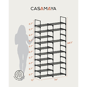 CASAMAYA Shoe Rack, 10 Tier Metal Shoe Organizer, DIY Tall Shoe Storage Shelf for 32 Pairs of Shoes and Boots, Space-Saving, Easy to Assemble, Entryway, Black SRT210B01