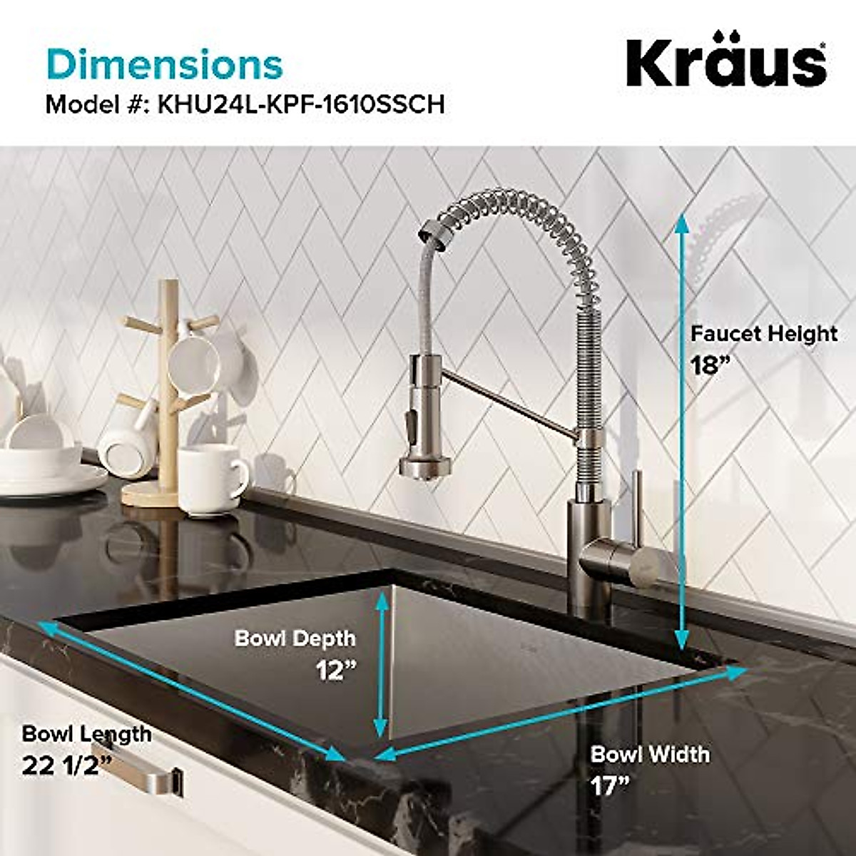 KRAUS 24-inch 18 Gauge Pax Laundry and Utility Sink Combo Set with Bolden 18-inch Kitchen Faucet and Soap Dispenser, Stainless Steel Chrome KHU24L-1610-53SSCH