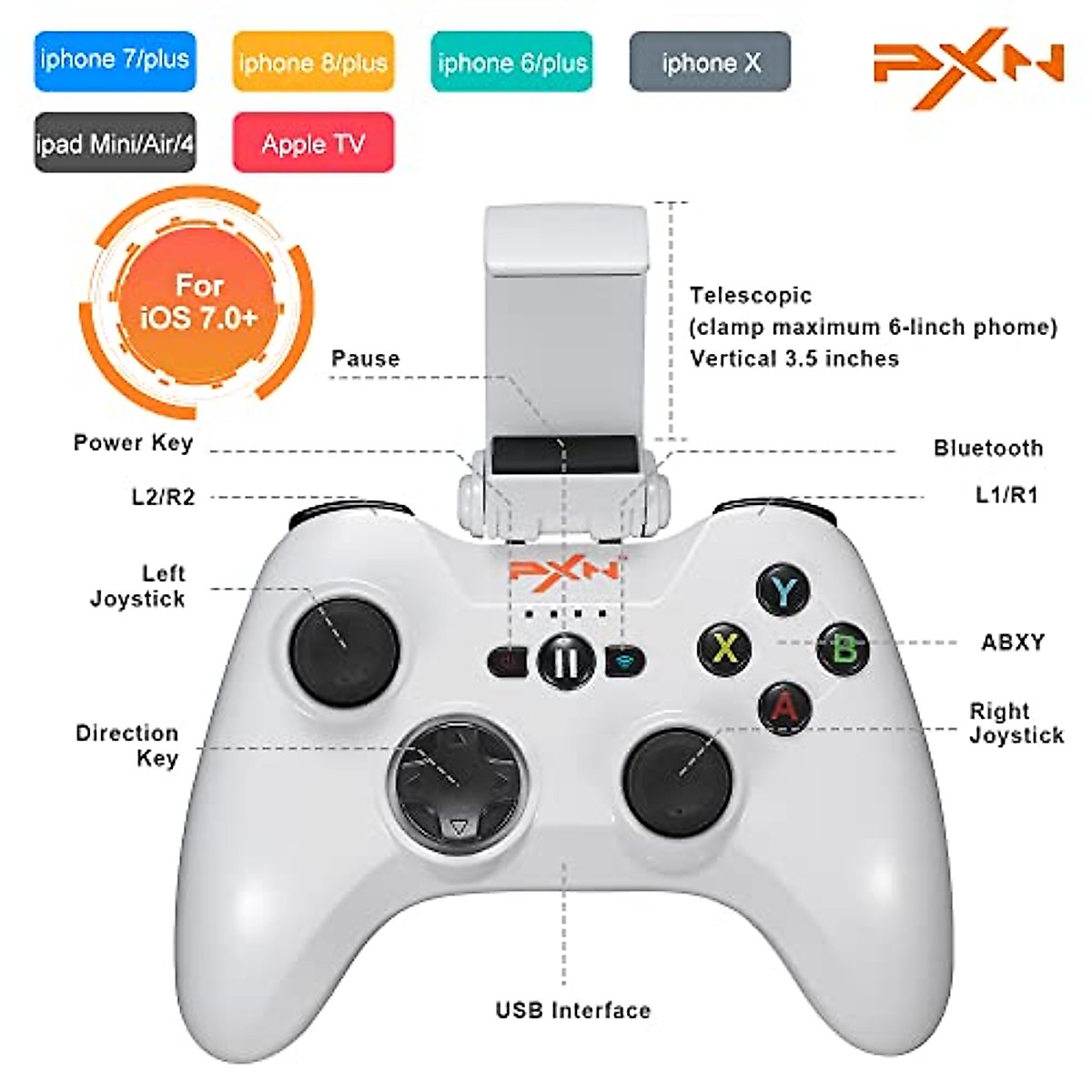PXN 6603 MFi Controller Wireless Game Controller Portable Joystick Vibration Handle Gamepad for IPhone/IPad/IPod Touch/Apple TV (White)