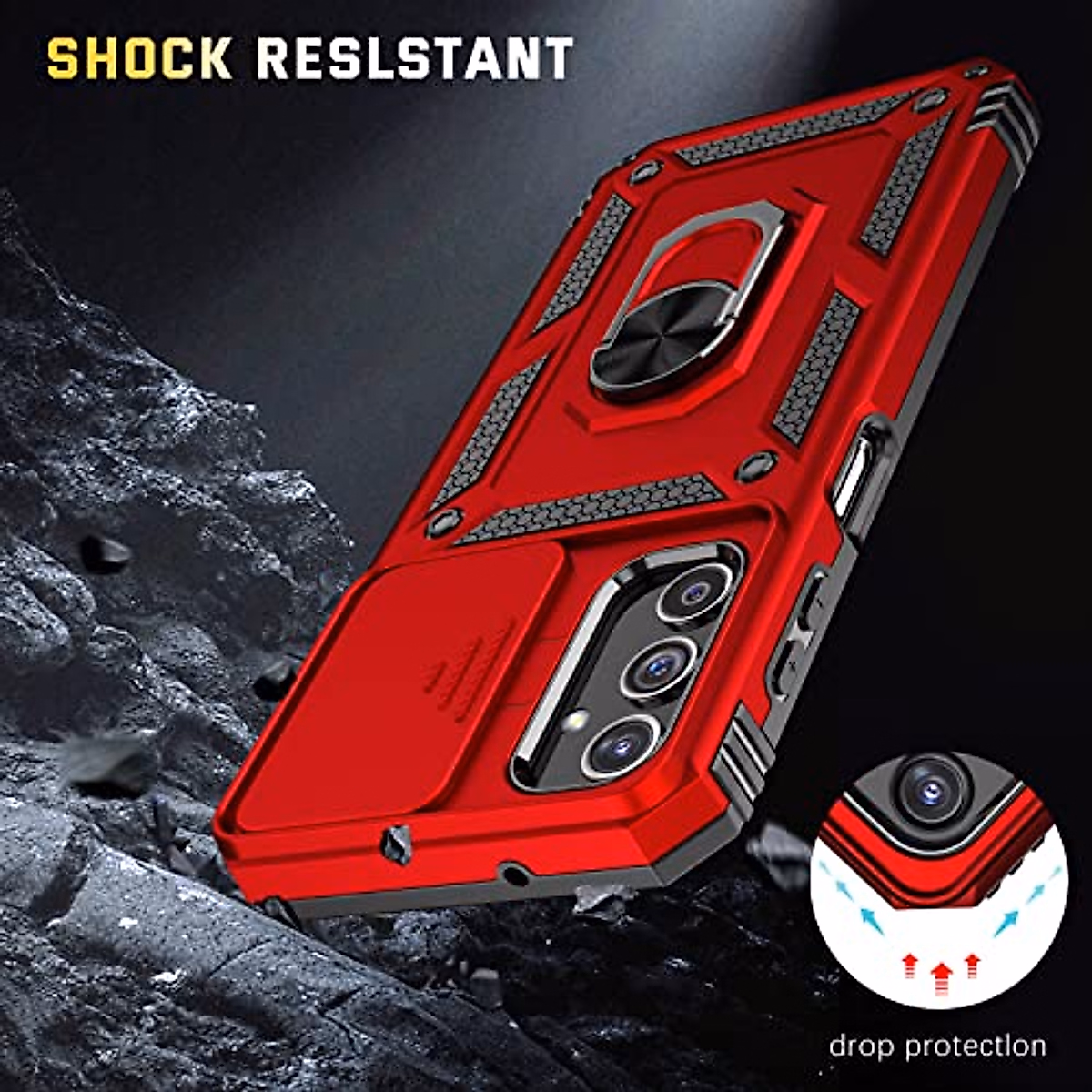 Dretal for Galaxy A14 5G Case, Samsung A14 5G Case + Tempered Glass Screen Protector with Kickstand & Slide Lens Protector Heavy Duty Armor Shockproof Rugged Military Grade Protective Case(Red)
