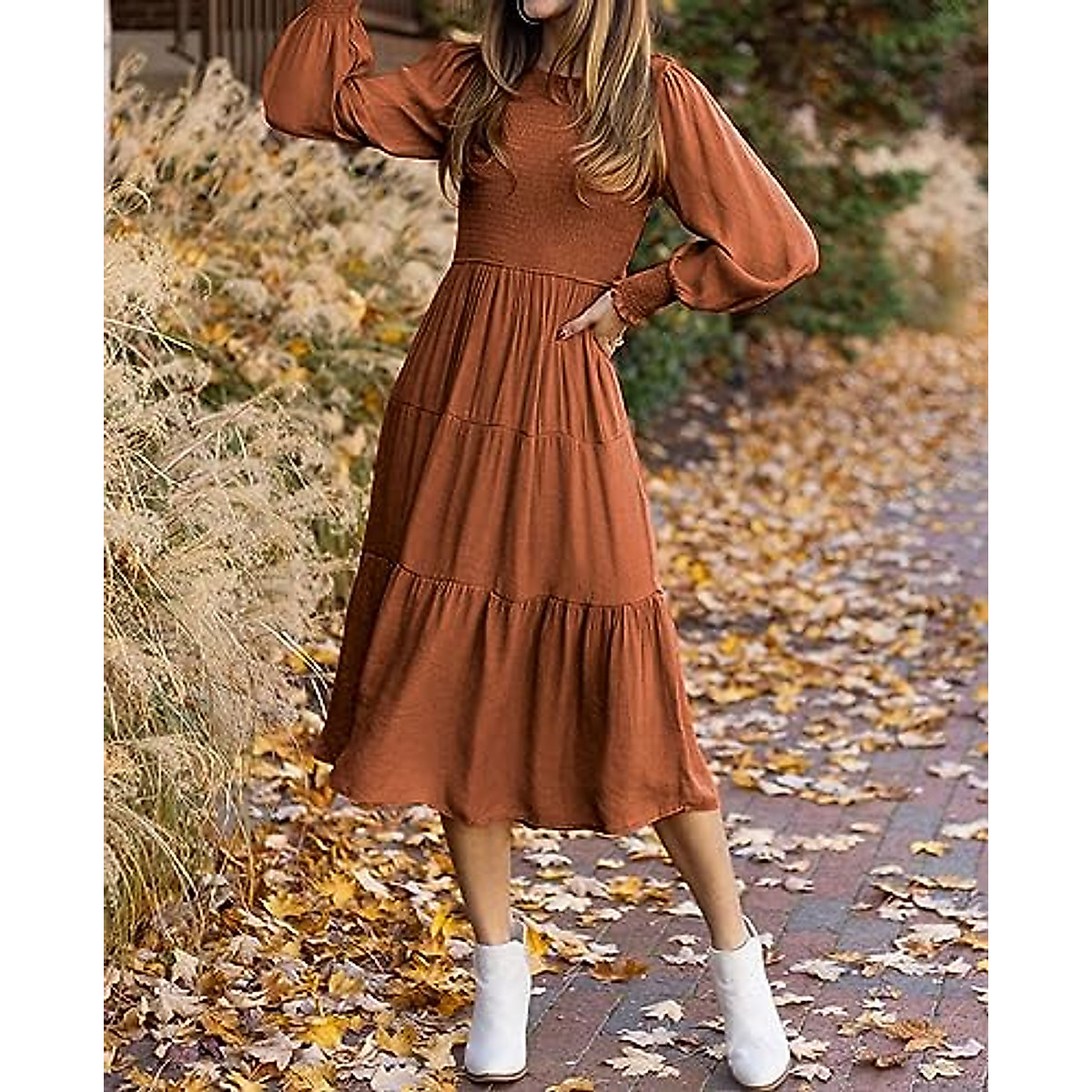 Tobrief Fall Dresses for Women Casual Smocked Beach Long Sleeve Midi Long Dress Rust L