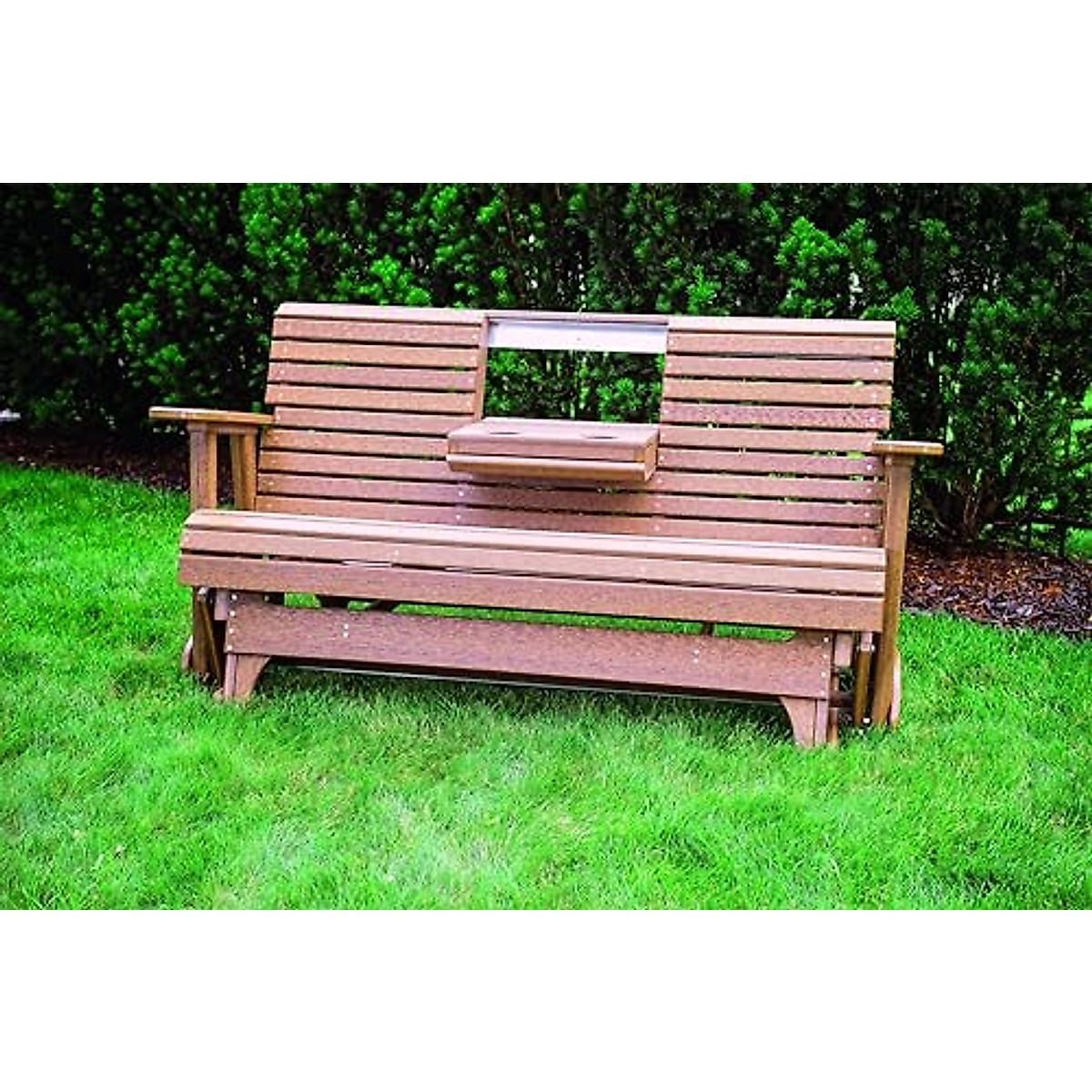 LuxCraft 5' Plain Poly Rollback Balcony Glider with Flip Down Center Console and Built-in Footrest, Seats Up to 3 (Weatherwood & Black)