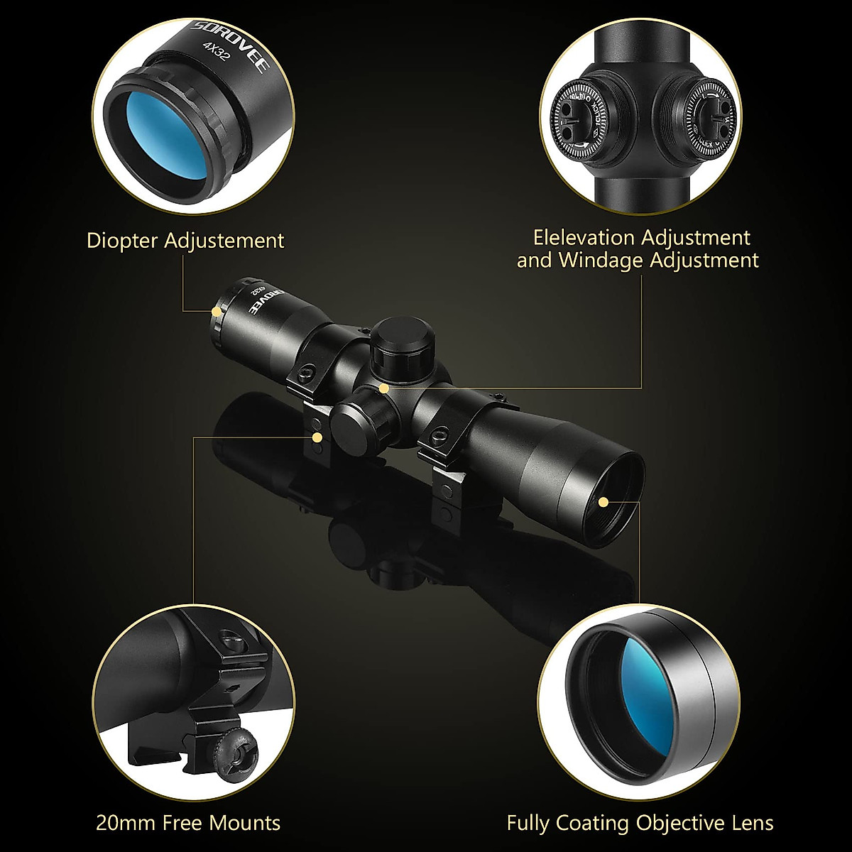 SOROVEE 4x32 Compact Rifle Scope,Airsoft Scope Crosshair Optics,Hunting Gun Scopes with 20mm Free Mounts,Ajustable Diopter,Windage and Elevation