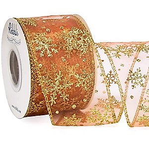 Ribbli Snowflake Glitter Wired Ribbon, Rose Gold Organza Sheer Ribbon with Gold Glitter Snowflake Pattern and Iridescent Metallic Edge,2-1/2 Inch x 10Yards Christmas Ribbon for Tree Decoration