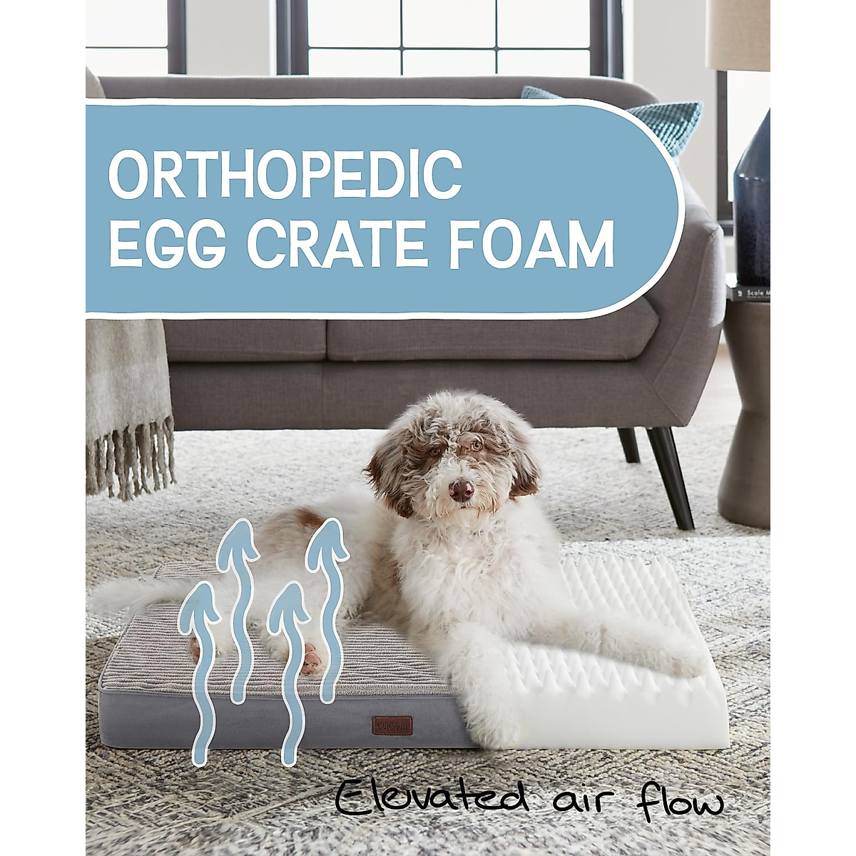 OhGeni 35 Inch Orthopedic Waterproof & Machine Washable Dog Bed with Egg Crate Foam Support, Non-Slip Bottom and Removable Pet Bed Cover for Extra Large, Large, Medium, Small Dogs (Gray)