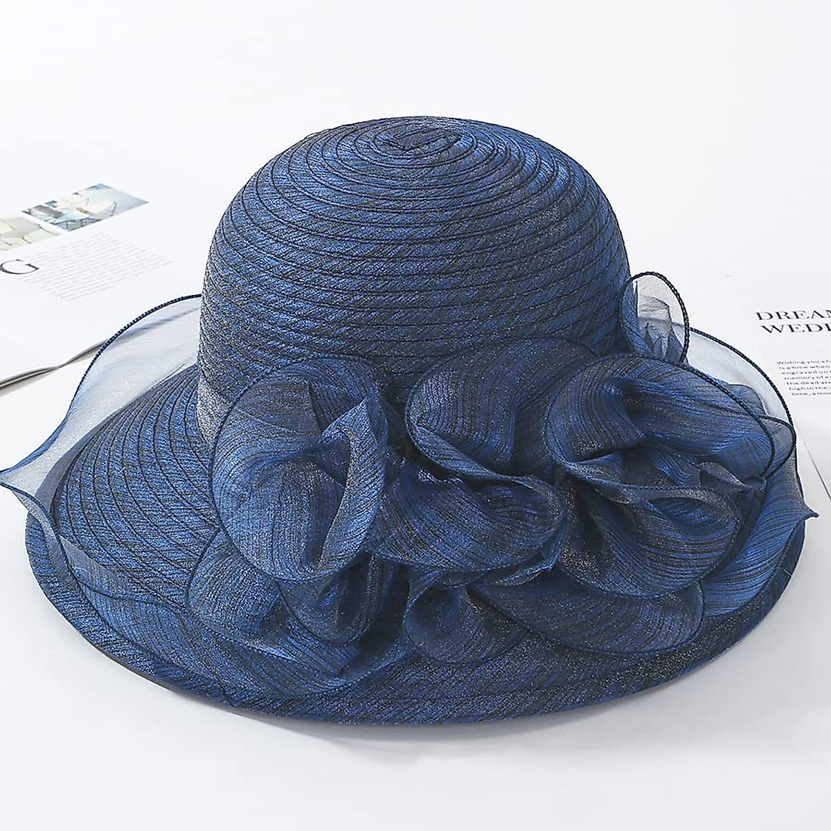 Wide-Brim-Kentucky-Hat Sun-Hat for Womens Foldable UV-Protection Summer-Derby-Tea-Party-Fascinator-Hats(M/L) Navy