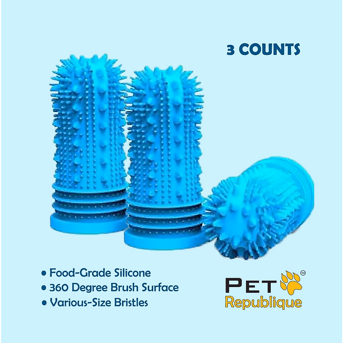 Pet Republique 360 Degree Finger Toothbrush for Dogs and Cats – Full Surround Silicone Bristles (3-Count & 1-Storage Case)