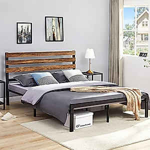 GreenForest Queen Bed Frame with Wooden Headboard Platform Bed with Metal Support Slats NO-Noise Heavy Duty Bed Industrial Country Style with 9 Strong Legs No Need Box Spring, Queen