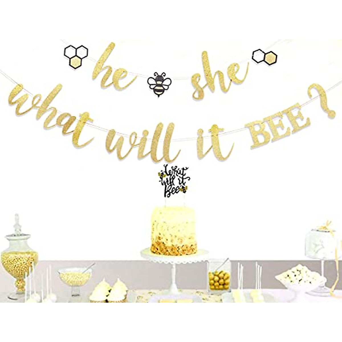 He She What Will It Bee - Golden Glitter Party Banner Decorations, Bee Gender Reveal Banner, Bee Theme Baby Shower, Baby Shower Shower Banner，golden Glitter Banner