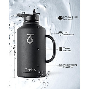 Trebo 64oz Water Bottle Insulated with Straw & 2 Lids,Half Gallon Double Wall Vacuum Stainless Steel Metal Large Jug with Handle,Wide Mouth Flask Mug with Carry Pouch,Keep Cold Hot,Black