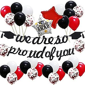 KAXIXI Graduation Party Decorations 2023 Red and Black,We are So Proud of You Banner for High School College, Grad Star Foil Balloons for Graduation Party Supplies