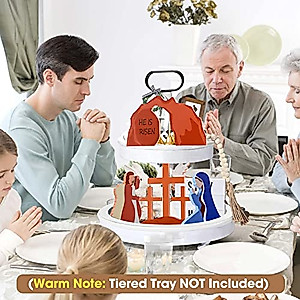 Ufkaa Easter Decorations, 4pcs Religious He is Risen Decor, Wooden Empty Tomb Resurrection Scene, Cross Table Christian Spring Decor, Farmhouse Easter Nativity Tier Tray Decor for Home Mantle