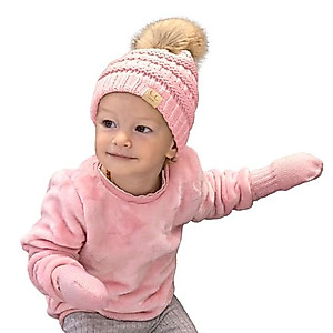 C.C Babies' Winter Cable Knit Beanie and Fuzzy Lined Mitten Set, Faux Fur Pom Pale Pink