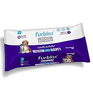 Vetnique Labs Furbliss Hygienic Pet Wipes for Dogs & Cats, Cleansing Grooming & Deodorizing Hypoallergenic Thick Wipes with All Natural Deoplex Deodorizer (Unscented, 100ct Pouch)