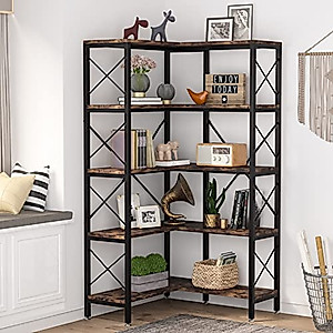 Tribesigns 5-Shelf Corner Bookshelf, Large Modern Corner Bookcase, 5-Tier Tall Corner Shelf Storage Display Rack with Metal Frame for Living Room Home Office (Rustic Brown)