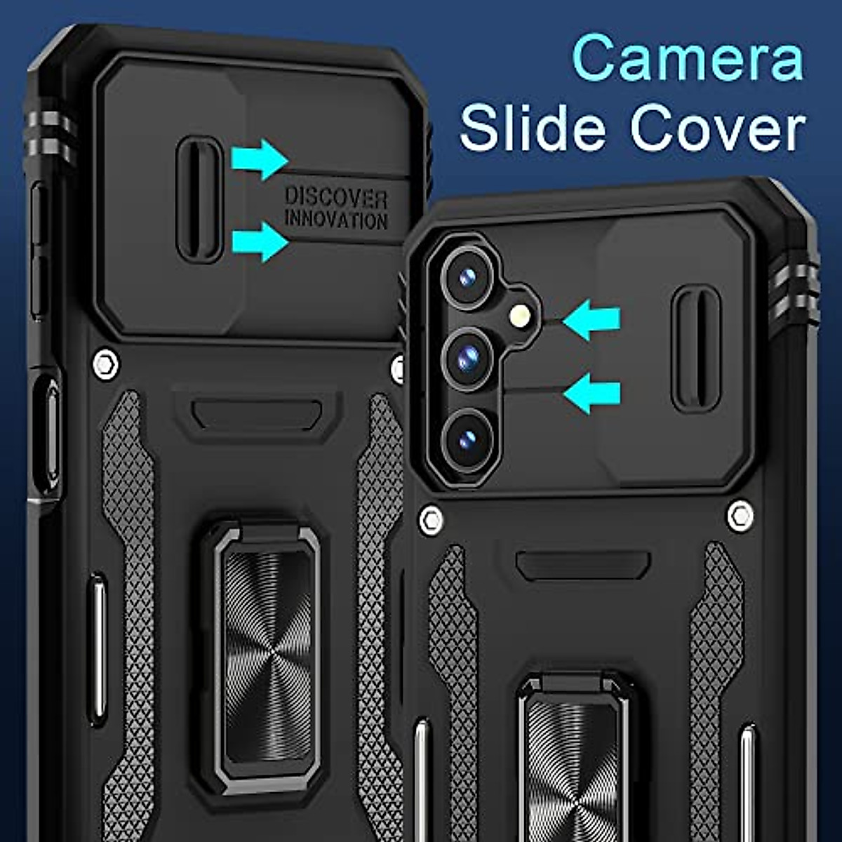 for Samsung Galaxy A14 5G Case with Slide Camera Cover+Screen Protector(2 Packs),[Magnetic Rotated Kickstand] [Camera Protection] Military Grade Shockproof Heavy Duty Protective Cover-Black