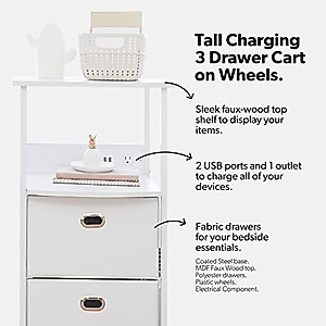 Dormify Storage Drawers Organizer on Wheels with Charging Station and USB Ports, Fabric Drawers for Clothes Storage Tower, Nightstand with Drawer Tower Organizer | Tall Skinny Dresser Closet | White
