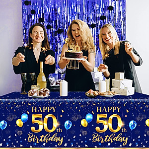 GREHUMOR 50th Birthday Decorations Men-3pcs Navy Blue 50th Birthday Table Covers Rectangle Waterproof Plastic Gold Blue Birthday Tablecloth for Men 50th Birthday Party Supplies
