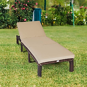 COSTWAY Rattan Lounge Chair Chaise Recliner Adjustable Cushioned Patio Yard Brown