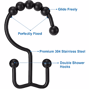 Shower Curtain Hooks Rings, TENOVEL Double Sided Shower Hooks Rust Proof for Bathroom Shower Rods Curtain, Durable Stainless Steel Bathroom Shower Curtain Hangers, Matte Black, Set of 12