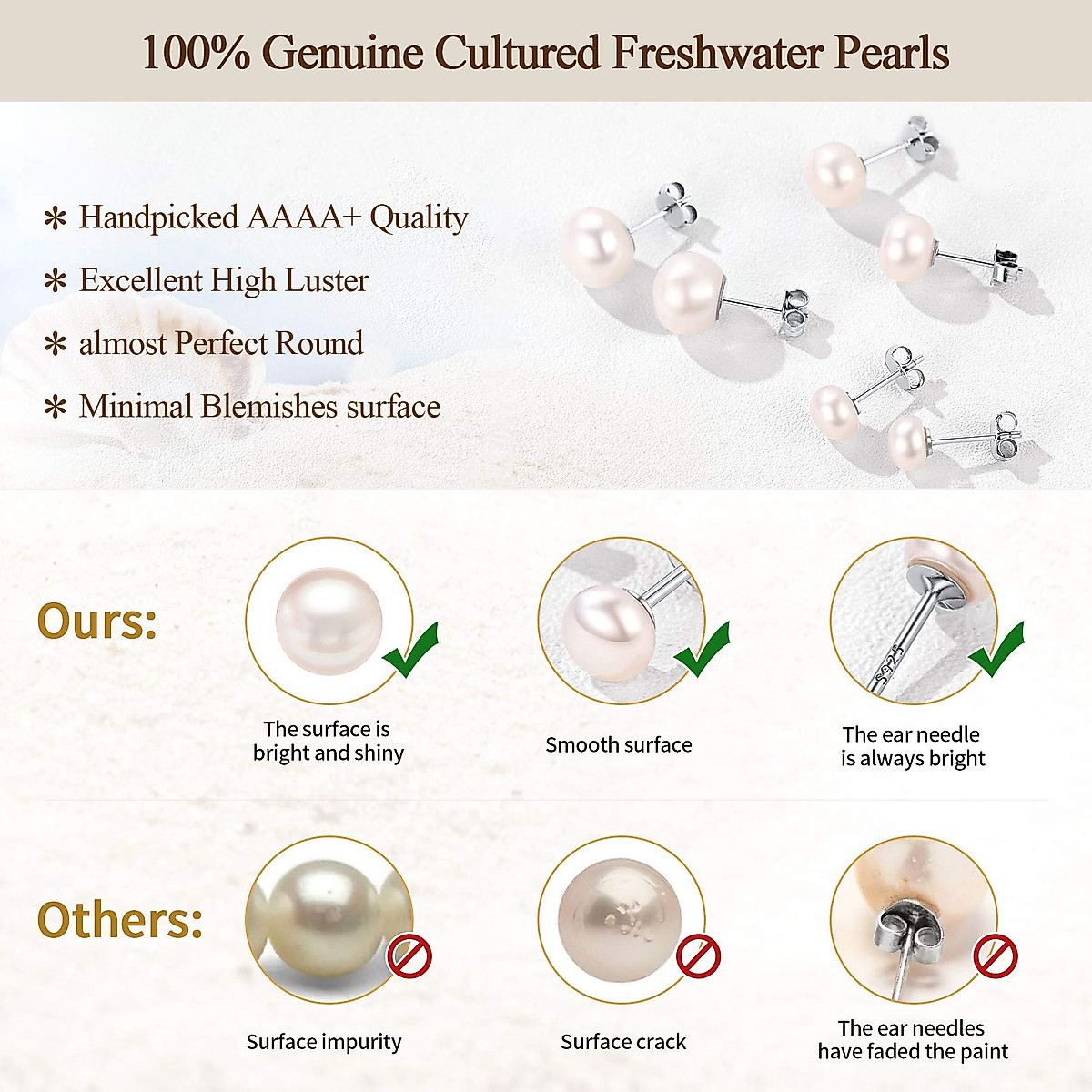 ChicSilver Pearl Stud Earrings for Women 4MM Freshwater Cultured White Button Pearl Earrings 925 Sterling Silver Small Studs for Sensitive Ear