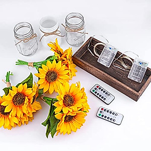 Waenerec Sunflower Mason Jar Dining Table Centerpiece with Lights Wood Tray Country Farmhouse Rustic Home Decor for Coffee Table Living Room Kitchen Garden Decorative Jars