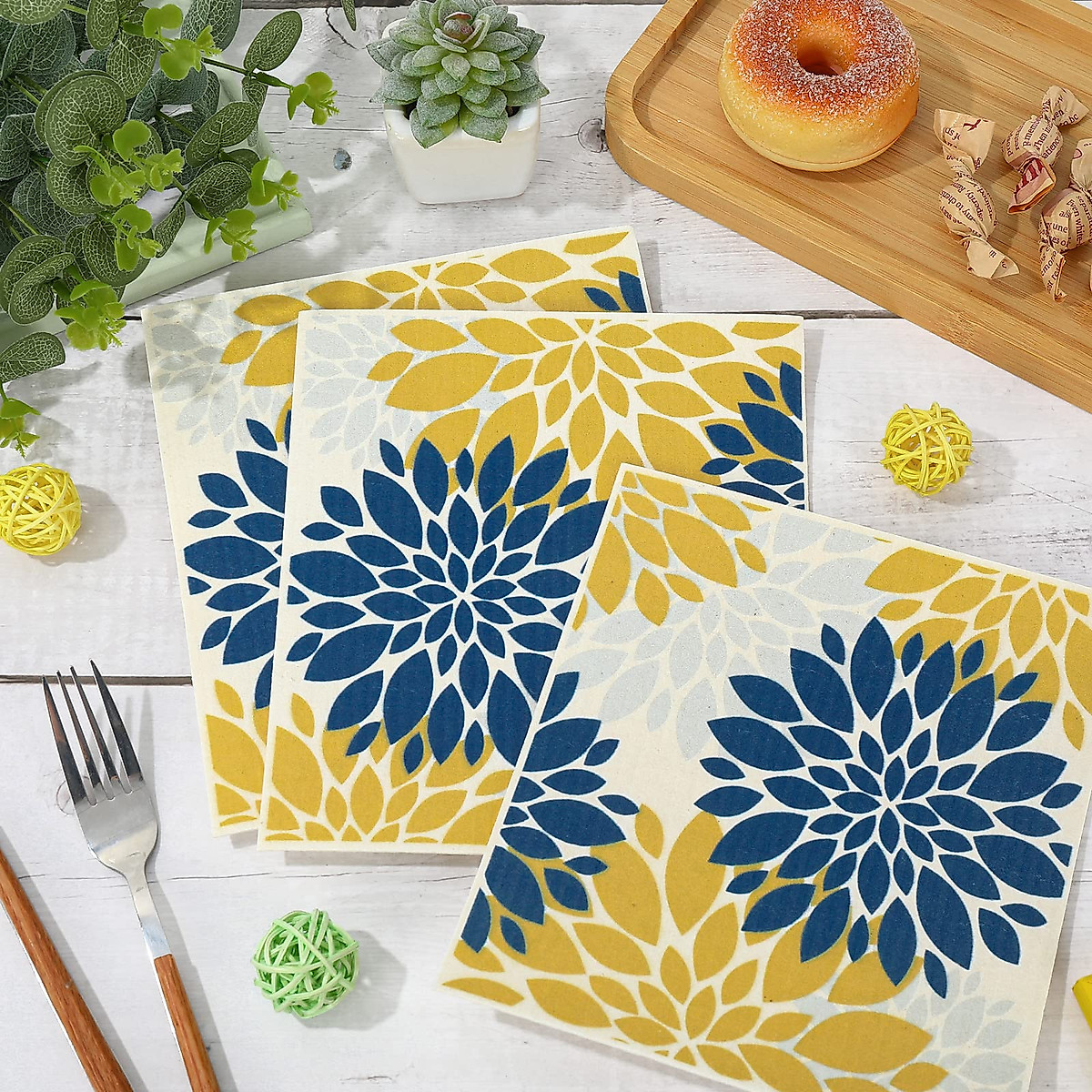 Whaline Dahlia Swedish Kitchen Dishcloth Navy Blue Yellow Silver Flower Absorbent Cotton Kitchen Towel Spring Summer Geometric Cleaning Dishcloths for Party Home Housewarming Cleaning, 7 x 8 in, 6Pcs