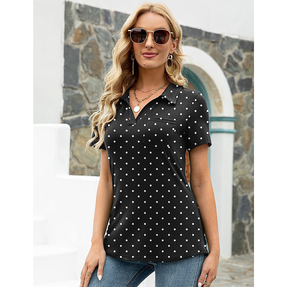Black Collared Shirts for Women V Neck Golf Polos Short Sleeve Tunic Tops Business Casual Blouse Office Polka Dot L