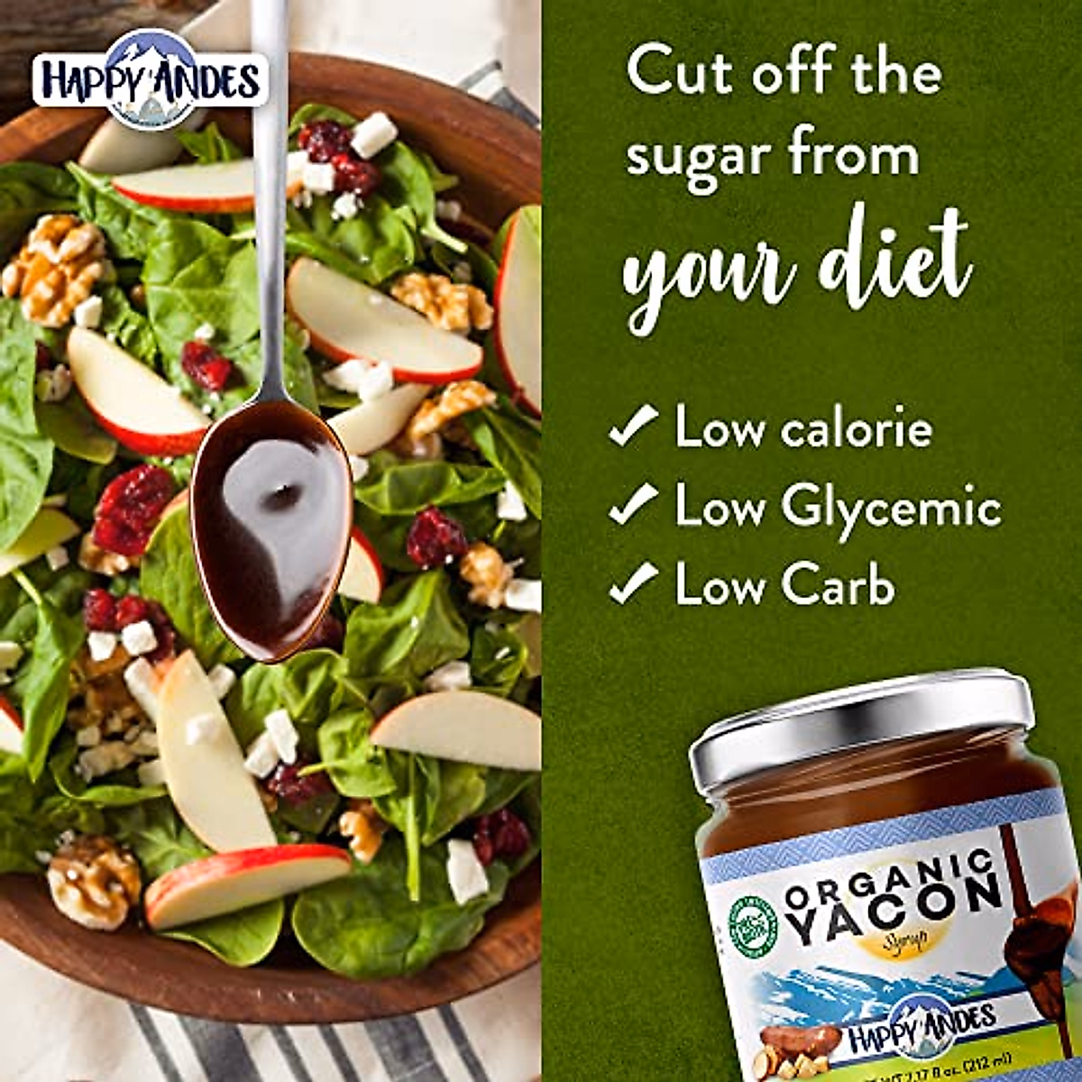 Happy Andes Organic Yacon Syrup oz. 100 Vegan Raw LowCalorie Peruvian Sweetener Sugar Substitute for Blood Glucose Control Healthy GlutenFree NonGMO Natural Prebiotic Superfood., honey, 7.17 Fl Oz