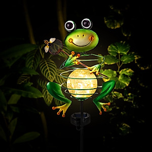 HEDAQI Frog Solar Garden Light, Metal Stake Light Crackle Glass Waterproof Globe Outdoor Decoration, Solar Power LED Light for Garden, Lawn, Patio, Pathway Decor