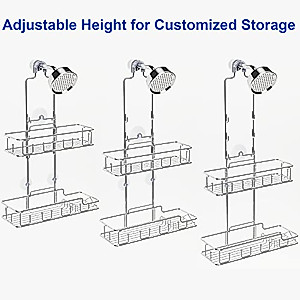 Neahom Adjustable Hanging Shower Caddy Shelf, Hanging Over Shower Head Shower Caddy Bathroom Organizer, Rustproof Storage Shower Rack Holder with Soap Dish and Hooks for Towel, Razor and Sponge Silver