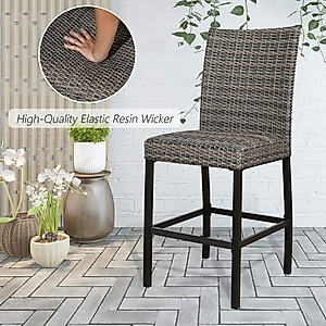 Iwicker Patio PE Wicker Height Bar Chairs, Outdoor Heavy-Duty Steel Frame Rattan Bar Stools with Padded Quick Dry Foam and Curved Backrest, Set of 4