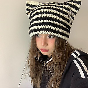 AONUOWE Grunge Beanies Crochet Knitted Hats for Women Girls Fox Cat Ear Goth Emo Alt Y2K Accessories Grunge Clothes (One Size,Grey)